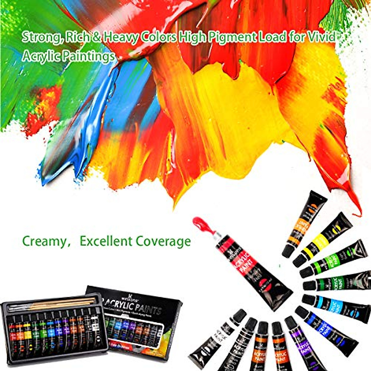 WINSONS Acrylic Paint Set, Non Toxic 12 Colours (12 x 12ml,0.4 Oz) Pigments Great for Kids Beginners, Painter, Children, Student School/Classroom Art Essentials