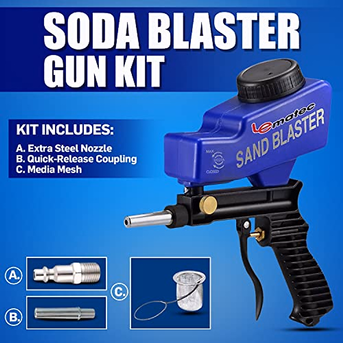 LE LEMATEC Sand Blaster Gun Kit for Air Compressor, Paint/Rust Remover for Metal, Wood & Glass Etching, Up to 150 PSI Blasting Media for Aluminum, Sand, Walnut Shells & Soda Blaster Jobs, Blue