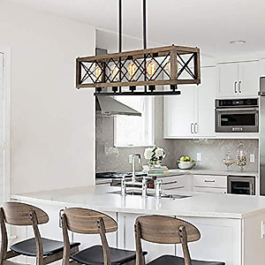 LALUZ Farmhouse Chandelier, 5-Light Chandeliers for Dining Room, 32" Rustic Wood Kitchen Island Lighting