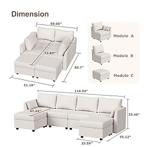 Mangodan Modular Sectional Sofa with Storage, Convertible 6 Seat Sectional Couches for Living Room, U Shaped Sectional Sofa with Chaise, Comfy Sectional Sleeper Sofa, High Supportive Sponge-Beige