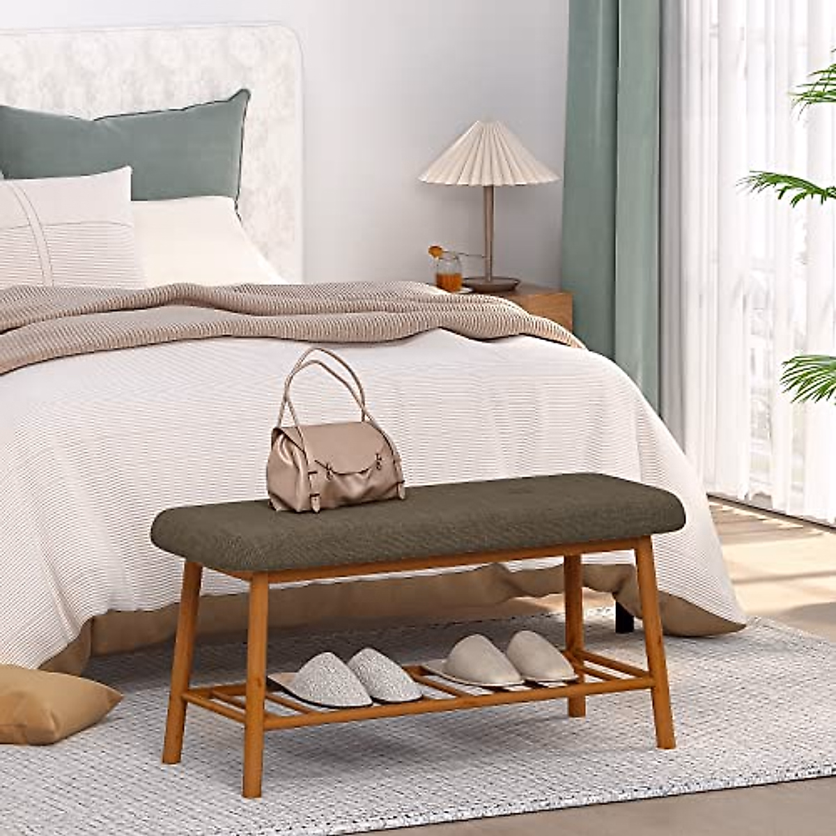 Bamworld Entryway Bench with Storage Bamboo Shoe Bench with Cushion Seat Rustic Storage Benches for Bedroom Living Room Indoor(Brown)