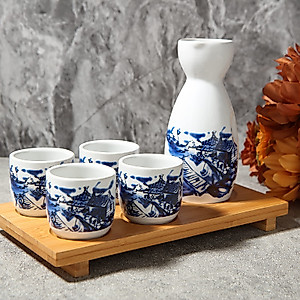 ABuff Japanese Sake Set, 1 Tokkuri Bottle & 4 Ochoko Cups with a Wooden Tray, Ceramic Sake Set Microwave and Dishwasher Safe