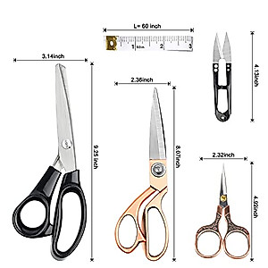 SEBIDER Sewing Pinking Shears Fabric Scissors Set Tailor Scissors Kit Dressmaker Zig Zag Shears Embroidery Scissors Thread Snips Measuring Tape, for Quilting Needlework Handicraft Scissors(5PCS)