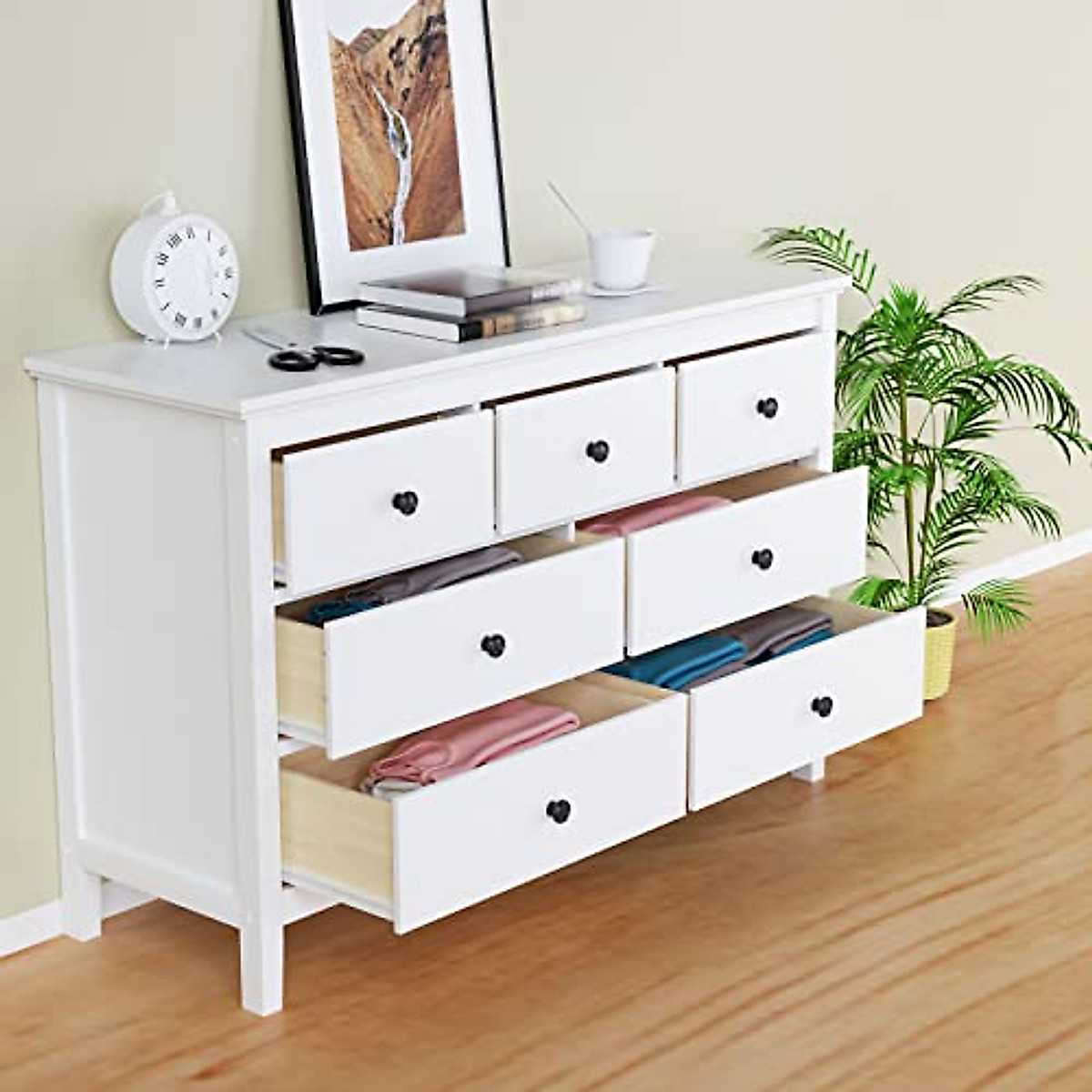 CARPETNAL White Dresser, Modern Dresser for Bedroom, 7 Drawer Dresser with Wide Drawer and Metal Handles