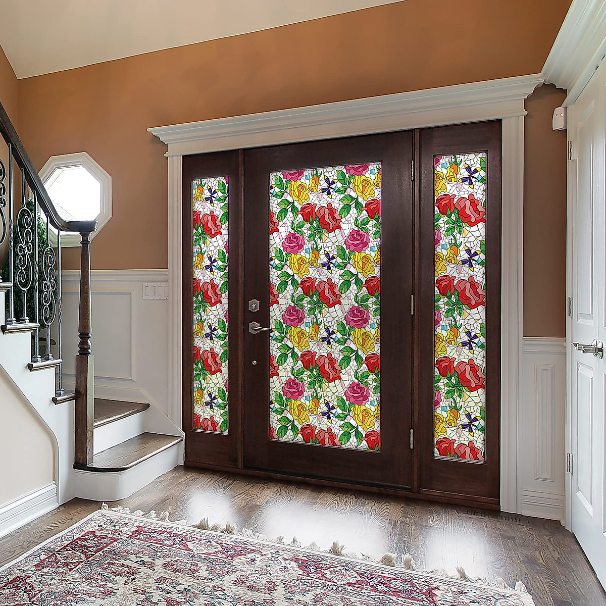 DKTIE Flower Series Stained Glass Window Film with Installation Kit, Decorative Window Privacy Film Sun Blocking Heat Control Static Cling Window Film Frosted Glass Film (A, 17.7 x 78.7 Inch)