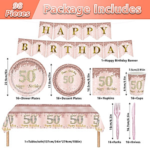 98PCS 50th Birthday Party Plates 50th Birthday Party Supplies Pink Rose Gold Party Decorations 50th Birthday Decorations for Women Paper Plates Napkins Cups Forks Knives Tablecloth Banner Serve 16