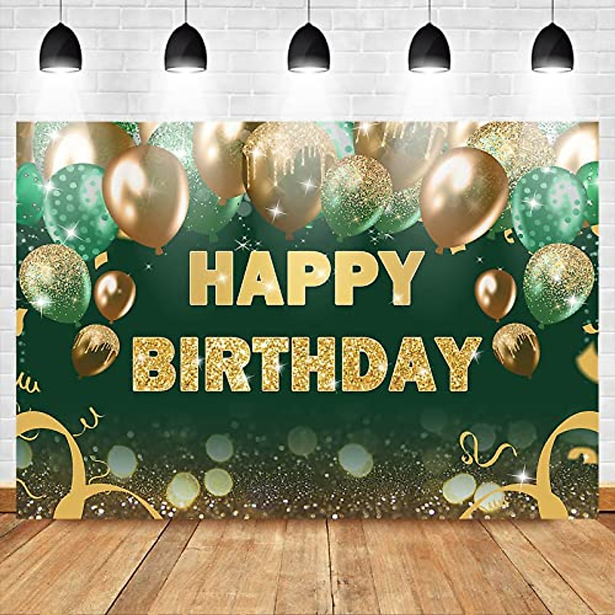Mocsicka Glitter Green Gold Birthday Backdrop Gold Green Bokeh Balloons Women Men Happy Birthday Banner Decoration Birthday Party Photography Background Photo Backdrop Props (7x5ft)