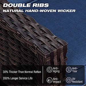 Joyside Patio Sofa - 3 Seater Rattan Sofa, All Weather High Back Sofa, Upgraded Large Size with 4inch Seat Cushions for Backyard, Garden, Poolside (Brown/Blue)