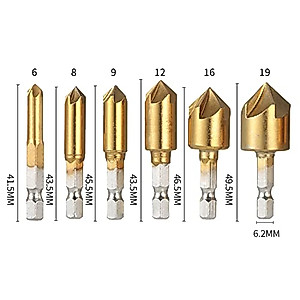 Xnrtop Countersink Drill Bit, Countersink Drill Bit Set 6 Pcs 1/4'' Hex Shank HSS 5 Flute Countersink 90 Degree Center Punch Tool Sets for Wood Quick Change Bit 6mm-19mm