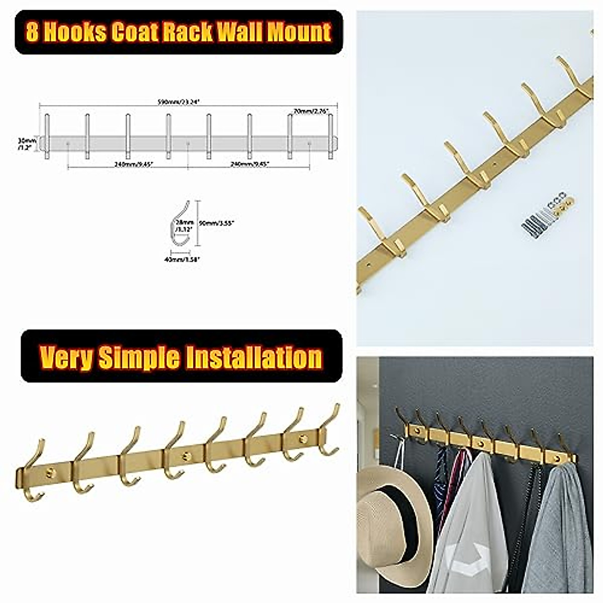 Alise Coat Rack Wall Mount,Coat Hanger Rail with 8 Double Coat Hooks for Hanging Coats Bathroom,SUS304 Stainless Steel Towel Hanger Hook Racks for Purse Clothes Entryway Jacket Hats,Gold Finish