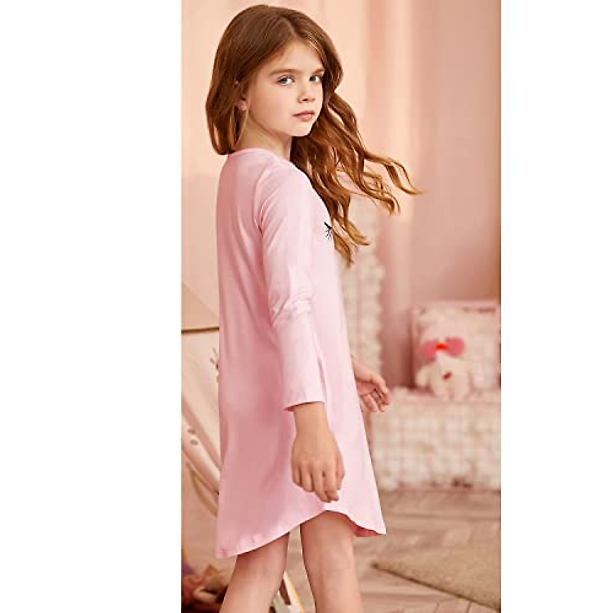 SrffbreMeOly Big Girls Cute Nightgown Long Sleeve Cotton Nightdress Loose Sleepwear Teens Size 10-18Years