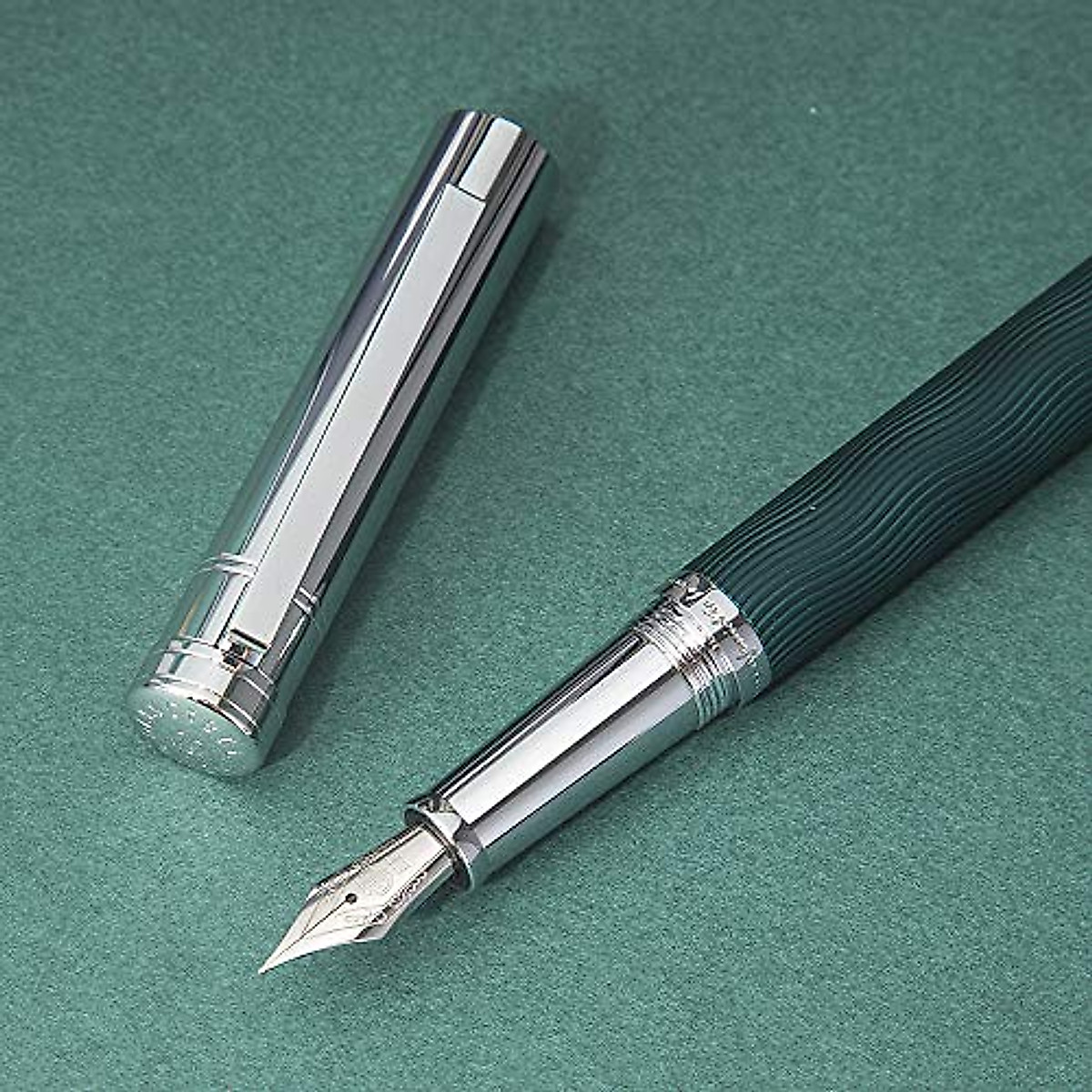 Hongdian 1843 Navigator Fountain Pen Fine Nib Solid Metal, Green Ripple Pattern with Refillable Converter and Metal Pen Case