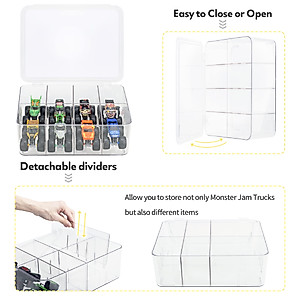 8 Slots Acrylic Toy Cars Display Case Fit for Monster Jam Trucks, Transparent Display Storage Case Holds 8 Monster Jam Truncks, Large Slots Toy Trucks Storage with Detachable Dividers