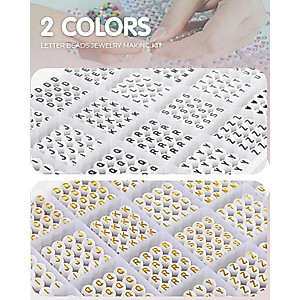 L'EclatDina 2 Box Set Letter Beads, Alphabet Beads for Bracelets, 1900+ PCS Round Number & Heart Beads, 5m Elastic String Jewelry Making Kit, Ideal for Friendship Bracelets (Black+Gold)