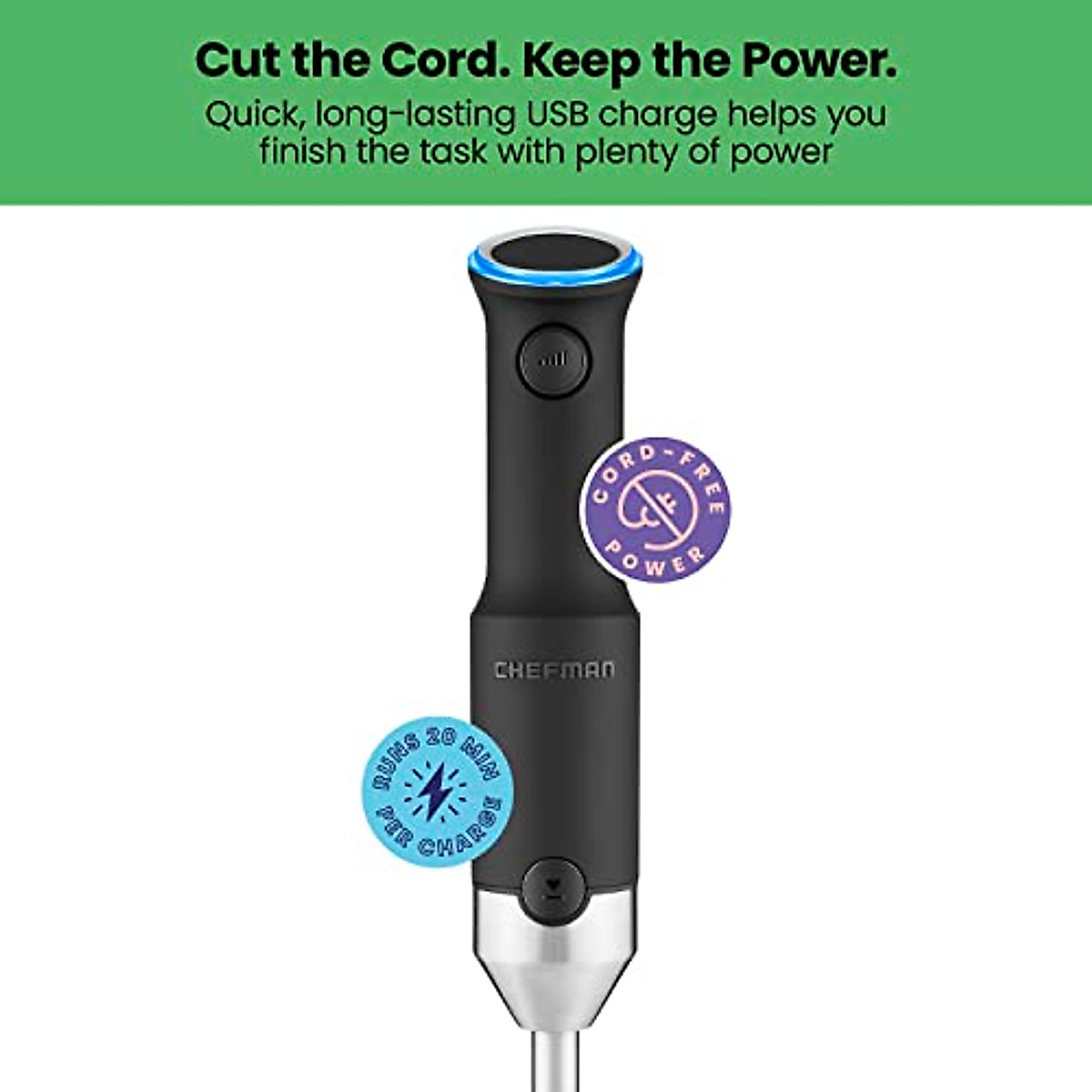 Chefman Cordless Power Portable Immersion Blender, Ice Crushing Power with One-Touch Speed Control, USB Charging, Quickly Mixes Smoothies, Purees Soups, Dips, Sauces, Storage Case, Stainless Steel