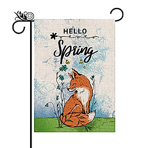 Spring Garden Flag Fox Hello Spring Watercolor Vertical Double Sided Seasonal Yard Outdoor Decor 12.5x18 Inch