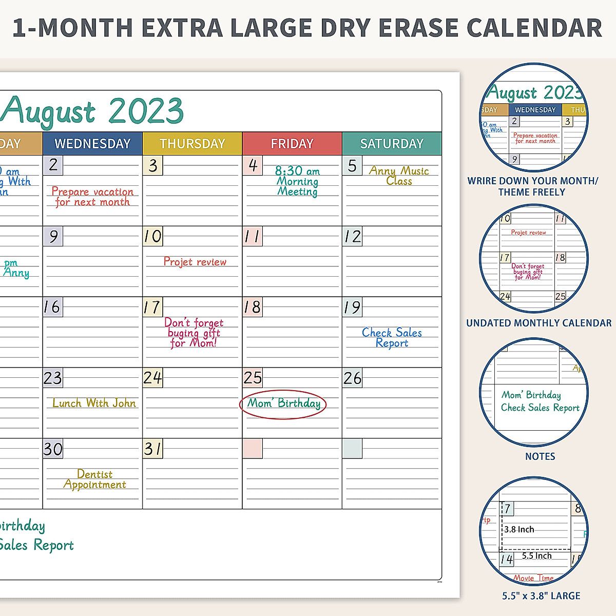 Dry Erase Calendar for Wall - Large Dry Erase Calendar, 28" x 40", Undated Monthly Calendar for Home, Office, Classroom, Erasable Laminated Calendar Whiteboard with 5 Markers ＆ 8 Stickers