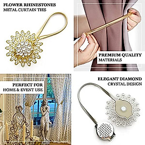 Tableclothsfactory 2 Pack | 4" Gold Crystal Flower Magnetic Backdrop Curtain Tie Backs, Metallic Window Drapery Panel Buckle Clips