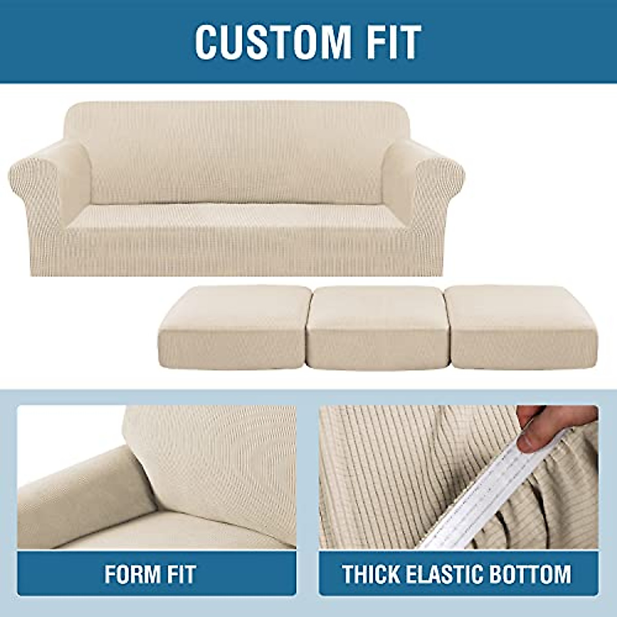 H.VERSAILTEX 4 Piece Stretch Sofa Covers for 3 Cushion Couch Covers for Living Room Furniture Slipcovers (Base Cover Plus 3 Seat Cushion Covers) Upgraded Thicker Jacquard Fabric (Sofa, Natural)