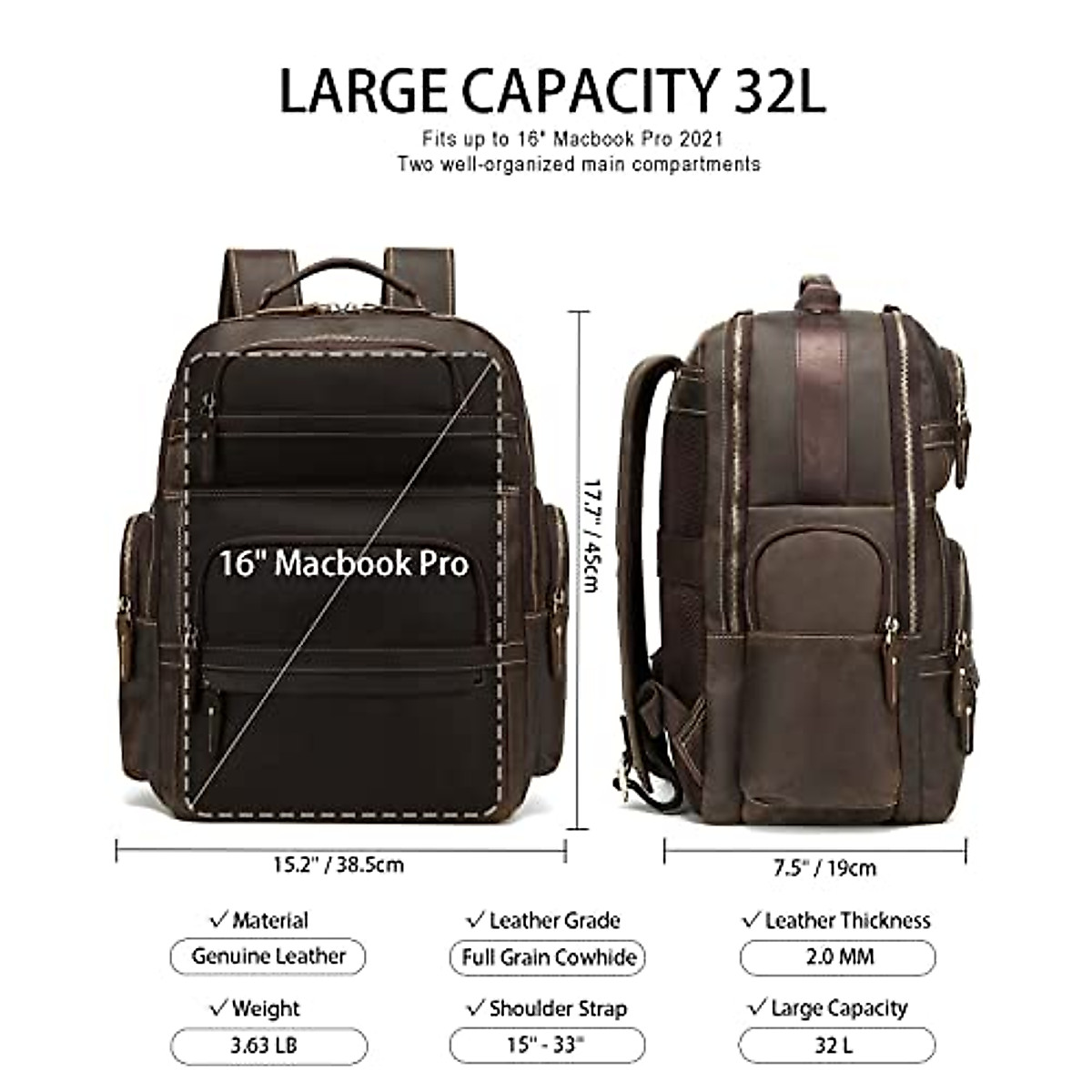 Taertii Vintage Full Grain Genuine Leather Backpack for Men - Fits 16" Laptop, Travel, Hiking, Business, Work, Rucksack Daypack 32L - Brown