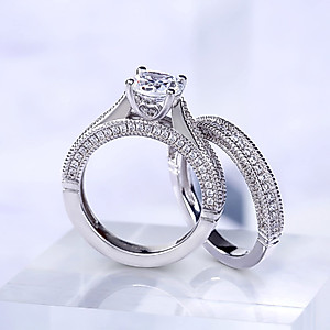 Jeulia Classic Round Cut Sterling Silver Ring Set Cubic Zirconia CZ Engagement Anniversary Eternity Wedding Band Ring for Women With Jewelry Gift Box (9)