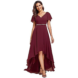 Ever-Pretty Women's Elegant V Neck Ruffle Sleeve Lotus Leaf High Low Summer Chiffon Evening Gown Burgundy US6