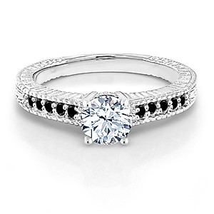 Gem Stone King 925 Sterling Silver White Created Sapphire and Black Diamond Engagement Ring For Women (1.37 Cttw, Available in size 5, 6, 7, 8, 9)