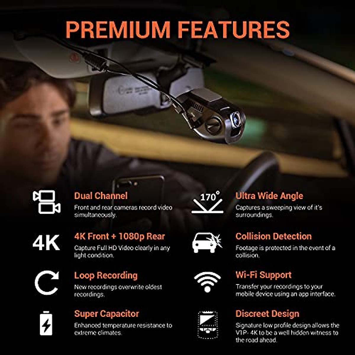 Rexing V1P 4K Car Dash Cam 2.4" LCD 2160p Front + 1080p Rear Wi-Fi 170° Wide Angle Dual Channel with Rear Cam, G-Sensor, WDR, Loop Recording Mobile App Supercapacitor