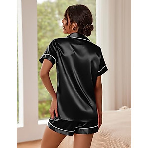 Ekouaer Satin Pajamas for Women Button Down Sleepwear Soft Silk Loungewear Short Sleeve Top and Shorts Pjs Black,Small