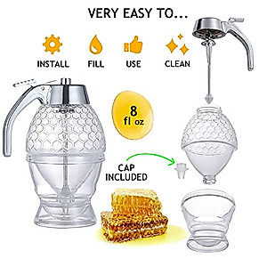 Honey Dispenser Syrup No Drip - Plastic Maple Syrup Dispenser - Beautiful Honey Comb Shaped Honey Pot - Honey Jar with Stand, Great Bee Decor