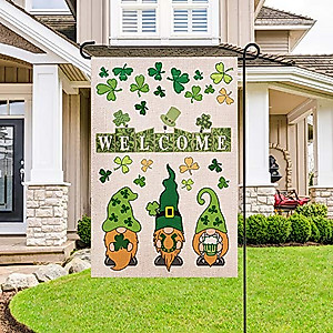 Shmbada Welcome St Patricks Day Gnomes Garden Flag, Double Sided Burlap Vertical Outside Outdoor Yard Lawn Irish Green Shamrock Beer Decoration, 12 x 18 Inch