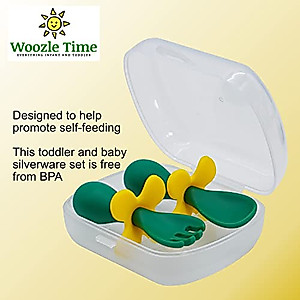 Woozle Time - Toddler Fork and Spoon - First Feeding - Training Utensils - Anti-Choke Utensils - Baby Self Feeding Spoon and Fork, Green/Yellow