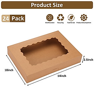 Moretoes 24 Pack Cookie Boxes, 14 x 10 x 2.5 Inches Kraft Bakery Boxes with Window, Brown Treat Boxes for Chocolate Strawberries, Donuts, Pies, Muffins and Pastries