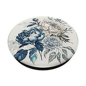 Navy Blue Peonies Blossom Leaves White Flowers Floral Girly PopSockets Swappable PopGrip