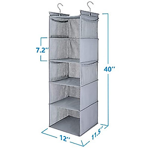 MAX Houser 5 Shelf Hanging Closet Organizer,Space Saver, Closet Hanging Shelves with (4) Side Pockets,Foldable,Light Grey