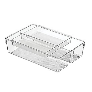 mDesign Plastic Stackable Kitchen Storage Drawer Organizer Bin with 2-Tier Tray for Cabinet, Pantry, Drawer, Refrigerator, Freezer - Hold Utensils, Flatware, Appliances - Ligne Collection - Clear
