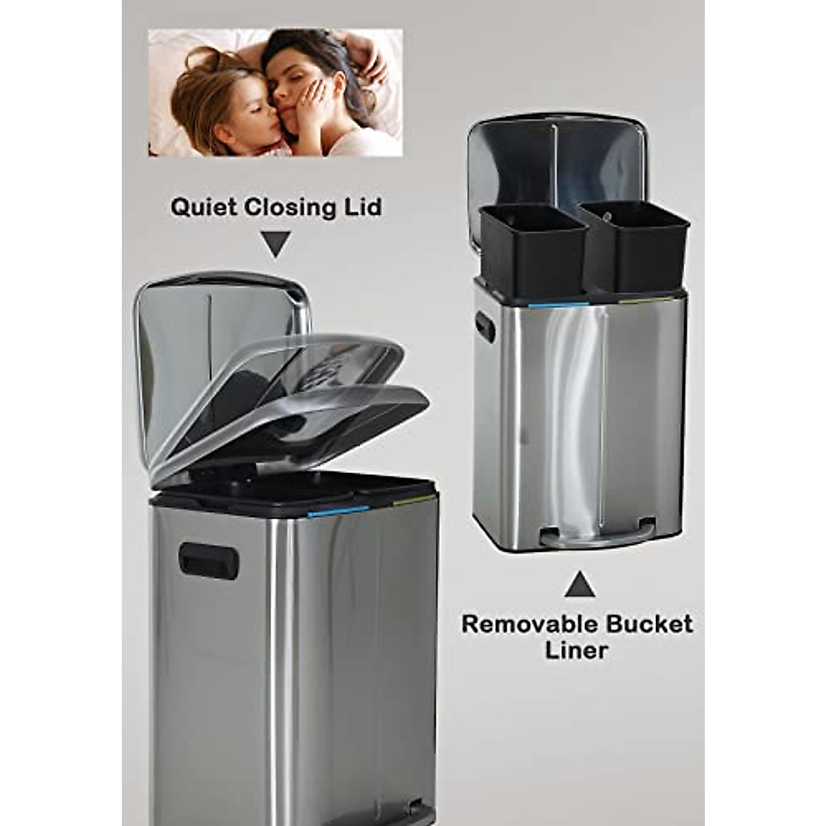 Capacmkseh Stainless Steel Kitchen Trash Can with Lid, 2 X 5-Gallon Dual Step Trash Can, 10 Gallon Large Garbage Can for Kitchen, Recycling Bins, Household Essentials Trash Classification