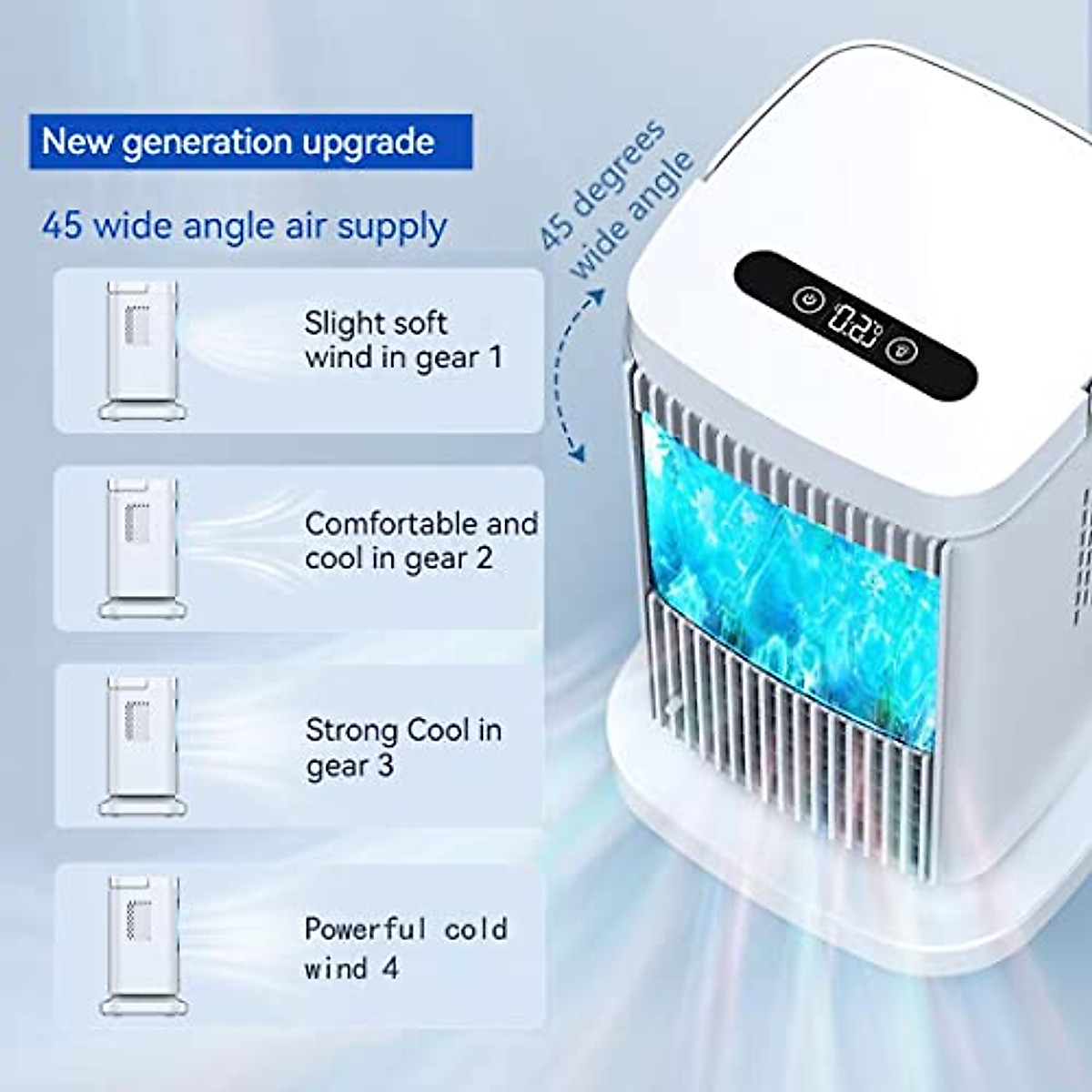 Portable Air Conditioner，Semiconductor Mini Air Conditioner 85W，With Water Stripe Aurora Night Light Personal Air Conditioner，Small AC Fan 4-Speed Silent for Desk，Home，Bedroom，Room，Office，Travel-White
