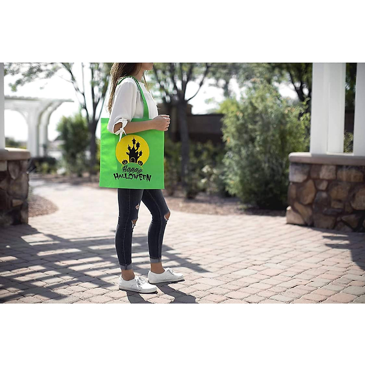 Bulk 24 Pack Deluxe Large 15" x 16" Trick or Treat Bag Fun Reusable Shopping Halloween Tote Assortment Featuring 4 Designs