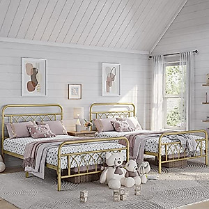 Yaheetech Twin Bed Frame Metal Platform Bed with Petal Accented Headboard/Footboard/14.4 Inch Under Bed Storage/No Box Spring Needed,Antique Gold