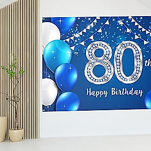 HAMIGAR 6x4ft Happy 80th Birthday Banner Backdrop - 80 Years Old Birthday Decorations Party Supplies for Women Men - Blue Silver