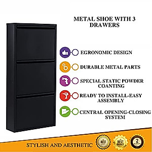 Alveon Flip Drawer Shoe Cabinet, Storage Organizer, Freestanding Shoe Rack, Wall Mounted No-Assembly (Gray, 3 Drawer)