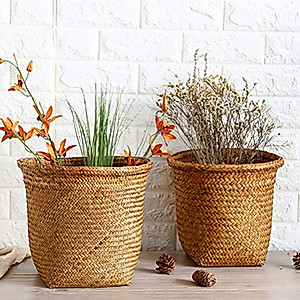 Sewroro Laundry Basket 2pcs Seagrass Waste Basket Woven Trash Can Woven Wastebasket Round Trash Can Wicker Waste Basket Garbage Container Bin for Bathrooms Kitchens Home Office Wicker Storage Basket