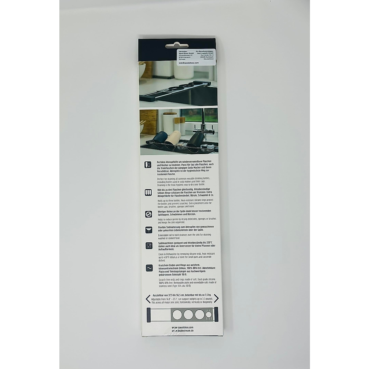 Sanni Shoo Drip.it+ | Stainless Steel Kitchen Sink Caddy | Bottle Holder for 3 Bottles with Protective Silicone Rings | Compatible with Sodastream Aqua Fizz and Other Bottles | Drainer & Organizer