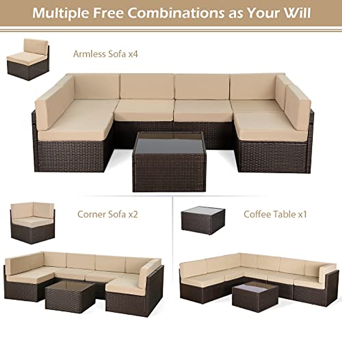 U-MAX 7 Piece Outdoor Patio Furniture Set, PE Rattan Wicker Sofa Set, Outdoor Sectional Furniture Chair Set with Khaki Cushions and Tea Table, Brown