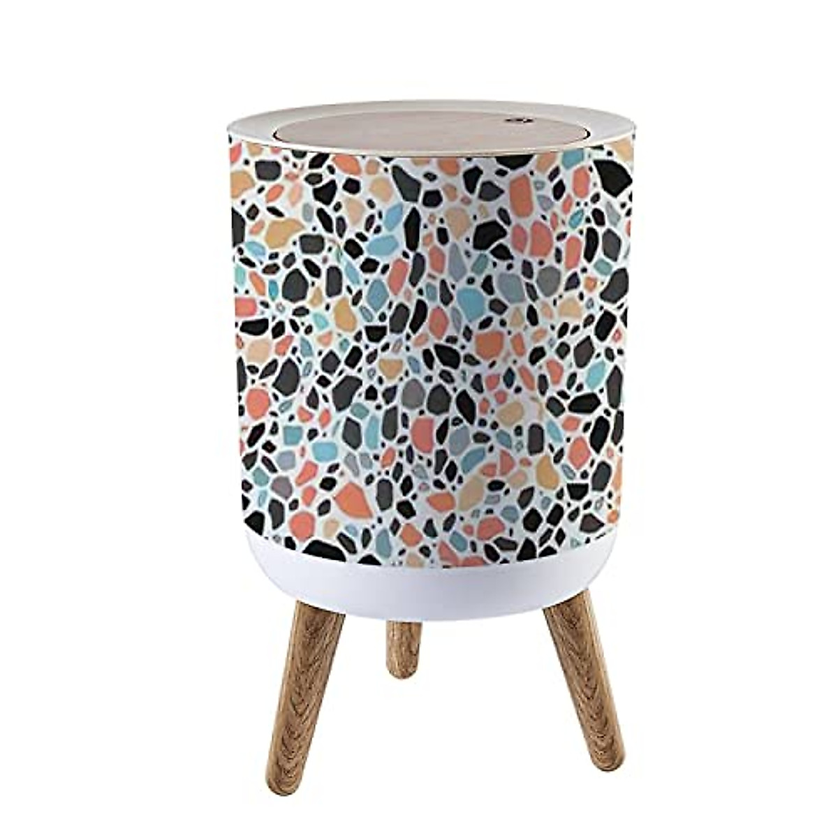Small Trash Can with Lid Terrazzo floor seamless Mosaic stone pool texture Antique style cement Round Garbage Can Press Cover Wastebasket Wood Waste Bin for Bathroom Kitchen Office 7L/1.8 Gallon