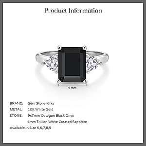 Gem Stone King 10K White Gold Black Onyx and White Created Sapphire 3-Stone Engagement Ring | 2.74 Cttw | Emerald Cut 9X7MM | 3 Stone Wedding Anniversary Promise Ring For Women (Size 8)