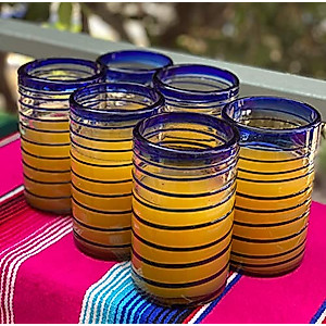 Hand Blown Mexican Drinking Glasses – Set of 6 Glasses with Cobalt Blue Spiral Design (14 oz each)