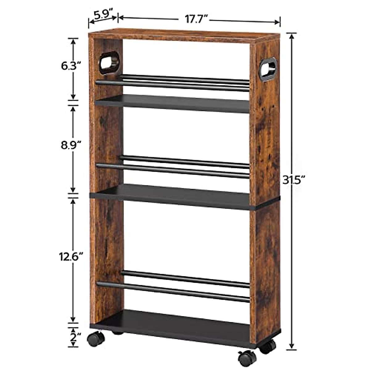 HOOBRO 4-Tier Slim Rolling Cart, Storage Cart for Laundry Room, Narrow Kitchen Cart with Handle and Lockable Casters, Space Saving, Easy Assembly, for Kitchen, Bathroom, Rustic Brown BF15TC01