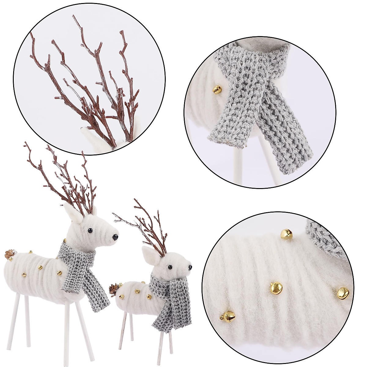 winemana 2 Pcs Plush Fabric White Figurines Reindeer with Scarf Bells Christmas Table Ornaments, Tabletop Standing Deer Christmas Decorations for Home Kitchen Centerpieces Xmas Winter Holiday Party